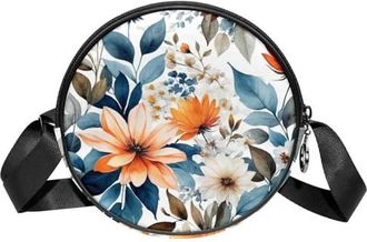 Generic Sac &agrave; bandouli&egrave;re rond pour femme, motif fleurs et feuilles, sac &agrave; dos avec fermeture &eacute;clair, bretelles r&eacute;glables, sac &agrave; main rond d&eacute;contract&eacute; pour fe