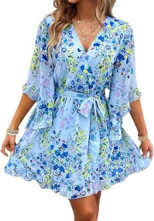Generic Mini robe d&eacute;t&eacute; d&eacute;contract&eacute;e &agrave; motif floral pour femme, manches courtes, col en V, taille &eacute;lastique, bleu, XL