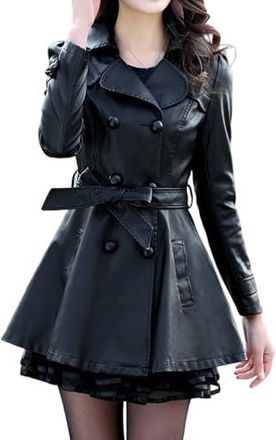Generic Vestes longues &agrave; revers en similicuir pour femme - Trench - Blazer, double boutonnage - Caban ouvert sur le devant avec ceinture, Noir lourd, XXL