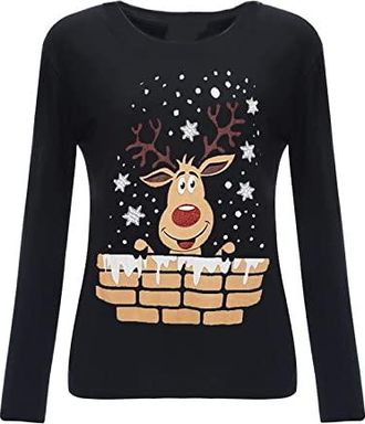 Generic 2026 T-shirts de No&euml;l classiques pour femmes, col rond, &eacute;pais, doux, imprim&eacute; cerf, &agrave; pois et flocons de neige, hauts &agrave; manches longues, Noir, XXL