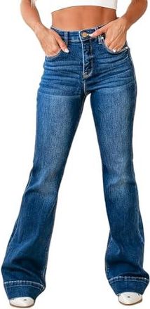 TOMWELL Jean Bootcut Femme Jean Taille Haute Mode Stretch Pantalon Denim Flared Leggings B Bleu Fonc&eacute; XL