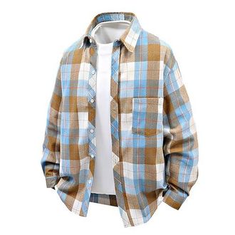 Generic Chemise en flanelle l&eacute;g&egrave;re pour homme - Manches longues - Chemise &agrave; carreaux - Coupe ample - Veste en flanelle - Infroissable - Chemise d&eacute;contract&eacute;e b