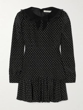 Alessandra Rich Minikleid Aus Cr&ecirc;pe De Chine Aus Seide Mit Blumenprint, Volant Sowie Bes&auml;tzen Aus Samt Und T&uuml;ll - Schwarz