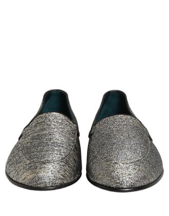 Dolce & Gabbana Mens Gray Glitter Lurex Dg Logo Dress Loafers Shoes Leather
