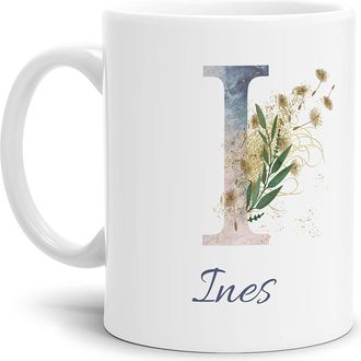 Tassendruck Tasse mit Buchstabe I und Blumen - mit Name personalisiert - Initiale, Namens-Tasse, Buchstaben Tasse, Geschenk I Keramik Weiß matt, 300 ml