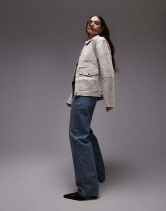 Urban Code Blouson Harrington en cuir effet craquel&eacute; avec poches plaqu&eacute;es - Blanc