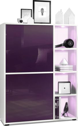 Vladon Highboard Schrank Anrichte Cuba mit 8 F&auml;chern, Made in Germany, Korpus in Wei&szlig; matt/Fronten in Brombeer Hochglanz, mit RGB LED Beleuchtung