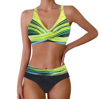 Generic Maillot de bain deux pi&egrave;ces taille haute pour femme - Rembourr&eacute; - Col en V - Dos nu - Bas de bikini, Vert, 3XL