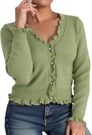 Generico Cardigan en tricot côtelé à manches longues pour femme avec bord à franges et doux pour looks décontractés avec devant ouvert cardigan à volants pour 