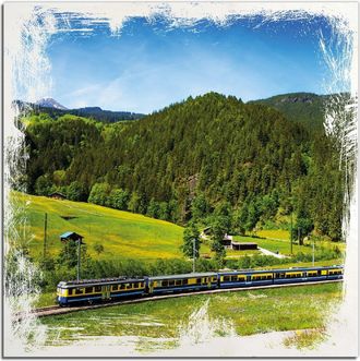 Wallario Wandbild aus Holz Eisenbahn in Einer Sommerlandschaft in der Schweiz - 40 x 40 cm in Premium-Qualität: Brillante Farben