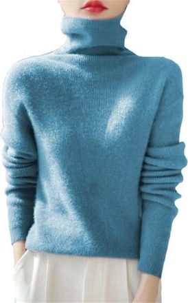 Generic Pull classique &agrave; col roul&eacute; pour femme - Couleur unie - Grande taille - Doux et chaud - &Eacute;pais - Pour affectation au bureau, bleu ciel, XXL