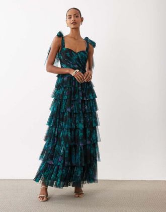 Lace & Beads Linvit&eacute;e - Robe longue en tulle &agrave; imprim&eacute; fleurs avec noeuds aux &eacute;paules - Vert fonc&eacute;-multicolore