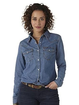 Wrangler Western Long Sleeve Denim Snap Shirt Chemise, XL Femme