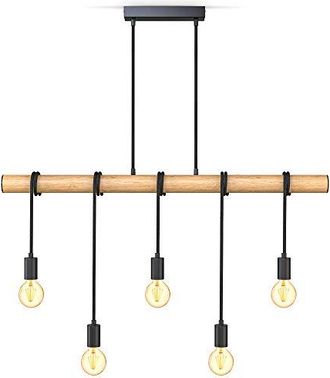 B.K.Licht suspension pour 5 ampoules, métal et bois, 5 douilles E27, noir mat, lampe à suspension vintage rétro, livré sans ampoules