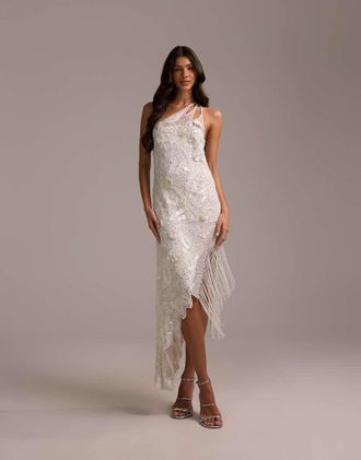 Asos Robe mi-longue asym&eacute;trique &agrave; d&eacute;coupes avec ornements et ourlet asym&eacute;trique &agrave; franges - Blanc