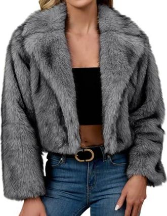 Generic Veste courte en fausse fourrure pour femme, cardigan court &eacute;l&eacute;gant &agrave; manches longues ouvert sur le devant, revers de couleur unie, manteau d&eacute;contract&eacute;