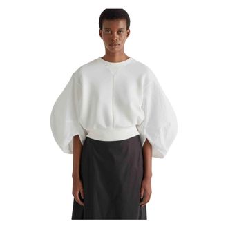 Meimeij Femme, Sweatshirts et sweats &agrave; capuche, Blanc, Taille: 48 FR Blusa Girocollo Maniche a Polloncino in Tessuto Goffrato