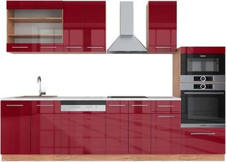 Vicco K&uuml;chenzeile Fame-Line, Bordeaux Hochglanz/Goldkraft Eiche, 300 cm mit Hochschrank, AP Marmor