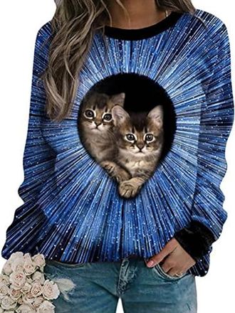TOMWELL Femme Pull Mode Chat Imprimé Animal Imprimé 3D Motif de Chat Sweat col Rond À Manches Longues Color Block Patchwork Tops Blouse Style-10 XL