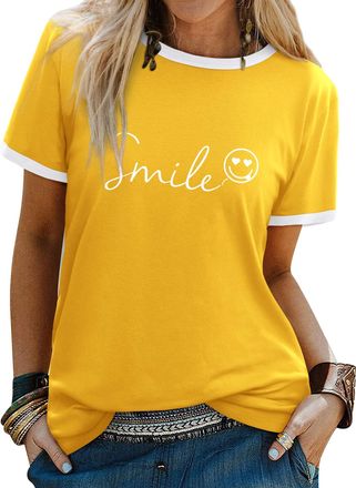 Dresswel Tshirt Damen Smile Druck T-Shirt Rundhals Kurzarm T Shirts Sommer Oberteile Tee Tops Bluse(Gelb,2XL)