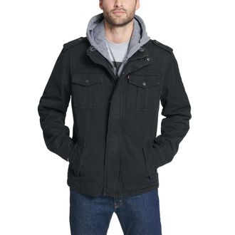 Levi's Herren Milit&auml;rjacke mit Kapuze aus Gewaschener Baumwolle (Normale Gr&ouml;&szlig;en) Leichte Baumwolljacke, Schwarz/Sherpa-Futter, 3XL