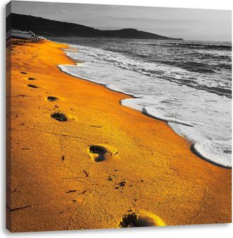 Pixxprint Spuren Im Sand am weiten Meer schwarz, wei&szlig;, Gr&ouml;&szlig;e: 40x40 bild, Leinwandbild Quadratisch, Wandbild, Kunstdruck, fertig bespannt