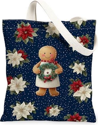 Generic Sacs fourre-tout en toile de pain d&eacute;pices, motif festif de vacances, sacs de courses r&eacute;utilisables, sacs de courses joyeux No&euml;l, l&eacute;gers et lavables &agrave; 