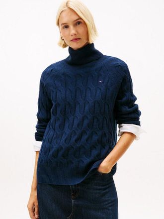Tommy Hilfiger Rollkragenpullover SOFT WOOL CABLE ROLL-NK LS SWT aus Wolle, Zopfmuster