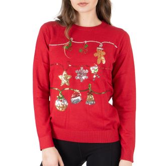 Noroze Damen Weihnachten Oberteil Sweatshirts Paillette Bimmeln Glocken Hohoho Mops Frau Claus Xmas Pullover (38, Rot)