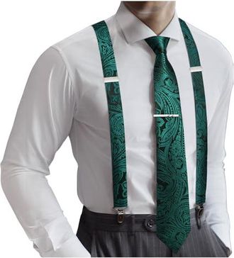 Barry.Wang Ensemble bretelles et cravates pour homme type X avec pince &agrave; cravate motif cachemire pour mariage, bal de fin dann&eacute;e, Vert, taille unique