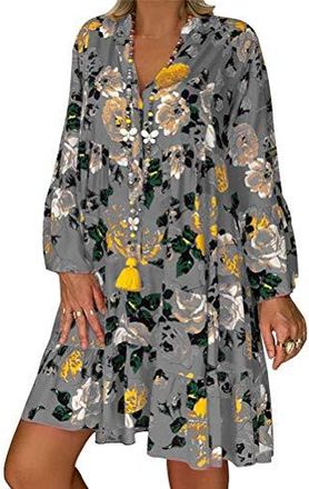 ORANDESIGNE Robes Femme de Plage Robes Casual Grande Taille Loose Robe Asymétrie Chic Florale Boho Manche Courte Col Rond Party été Robe Z1 Gris 50