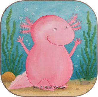 Mr. & Mrs. Panda Untersetzer Axolotl Hurra Design - Geschenk, Tasse, Freude, Spa&szlig;, Coaster, Tassenuntersetzer, Tischschoner, Fr&ouml;hlich, Lurch, f&uuml;r Gl&auml;ser