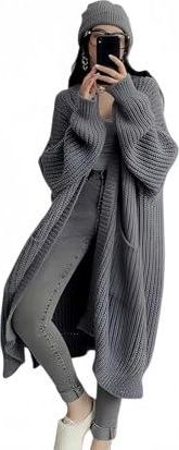 Generic Cardigan en tricot &eacute;pais pour femme, grande taille, cardigan long ouvert sur le devant avec poche, gris fonc&eacute;, 4XL