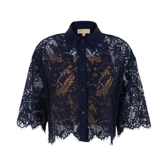 Michael Kors Femme, Blouses et Chemises, Bleu, Taille: 36 FR Chemisier Court en Dentelle Florale C&ocirc;tel&eacute;e