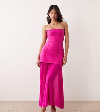 KAIIA Exklusives, figurformendes, tr&auml;gerloses Bandage-Maxikleid im Stil der 00er in Drachenfrucht-Pink mit transparentem Saum-Rosa