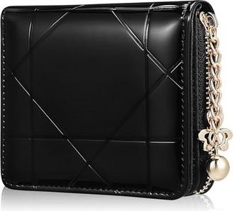 UPKOCH Portefeuille Fin pour Femme en Cuir Verni Noir &agrave; Fermeture &Eacute;clair Mini Porte-Cartes Compact avec Poche &agrave; Monnaie Zipp&eacute;e Design Matelass&eacute; &Eacute;l&eacute;gant Prati