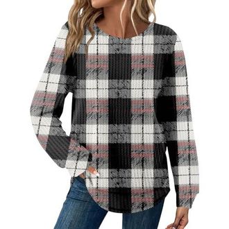 Generic Pull Femme Hiver Chic et &eacute;l&eacute;gant col Rond Pullover Ample D&eacute;contract&eacute; Sweatshirts Mode Imprim&eacute; &agrave; Carreaux Manche Longue Pull Femme Chaud Tops Gris