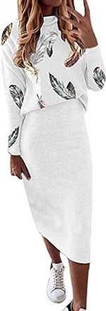 Generic Robe en Tricot Femme 2 Pi&egrave;ces Ensembles Uni Manches Longues Pullover Haut et Jupe Tricot&eacute; Pull &agrave; Col Roul&eacute; Robe Tricot&eacute;e Loungewear Aotumne Hiver Midi