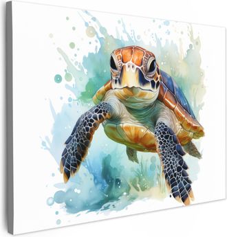 MuchoWow © Leinwände 80x60 cm Wall Decoration Bilder Schlafzimmer Deko Pictures Canvas Painting Wanddekoration Wohnzimmer Maritime - Schildkröte - Blau - Weiß 