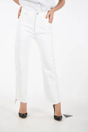 VETEMENTS Hell gewaschene Jeans mit Logoknopf und 18 cm ausgefranstem Saum Vetements
