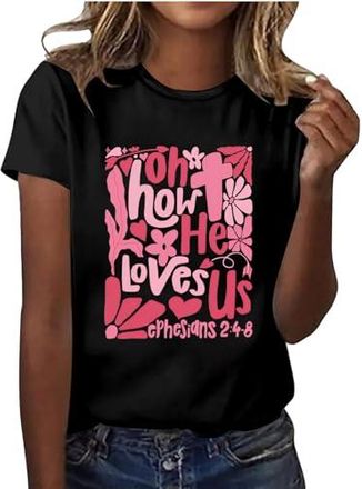 Generic T-shirt d&eacute;contract&eacute; &agrave; manches courtes et col rond imprim&eacute; coeur pour femme 2026 Saint-Valentin (2), Noir, XXL