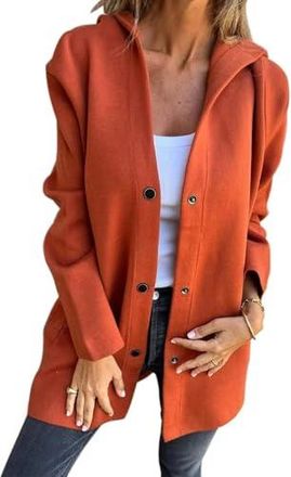 Generic Veste à capuche décontractée à simple boutonnage pour femme - En flanelle légère - Longue veste ouverte sur le devant - Manches longues - Trench solid