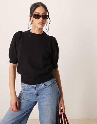 Gina Tricot Gina Tricot - Pull en maille &agrave; manches courtes bouffantes - Noir