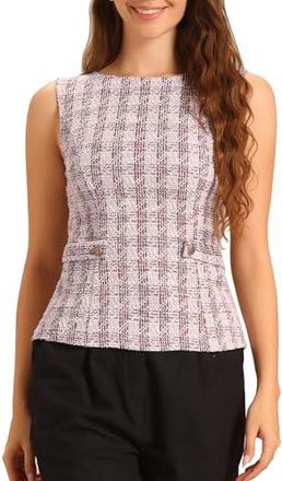 Allegra K Top en Tweed pour Femme Élégant Chemisier Imprimé Écossais Débardeur Col Rond avec Boucle au Dos Blouse sans Manches Gilet à Carreaux Rose Blanc S