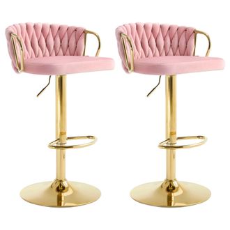 Woltu Barhocker 2er Set, Barst&uuml;hle h&ouml;henverstellbar 360&deg; drehbar, K&uuml;chenhocker mit geflochtener R&uuml;ckenlehne Fu&szlig;st&uuml;tze, Samtstuhl mit Metallrahmen, Rosa, BH4