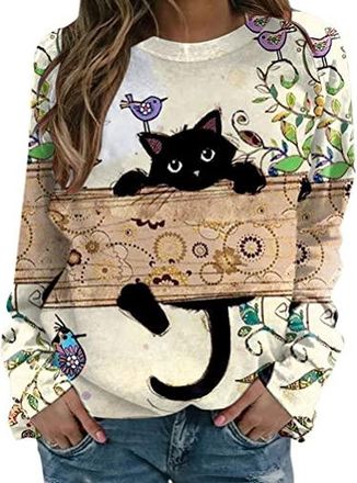 Onsoyours Femme Tops Blouse Pull Mode Chat Imprimé Animal Imprimé 3D Motif de Chat Sweat À Manches Longues col Rond Color Block Style-24 XXL