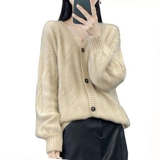 Generic Cardigan en tricot 100 % laine m&eacute;rinos avec col en V et boutons pour femme, beige, Taille S