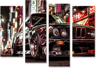 Islandburner Prime Bild auf Leinwand Klassischer BMW in nächtlicher Stadt Japan für Wohnzimmer Autofans Autoshowroom Bilder Wandbilder Poster