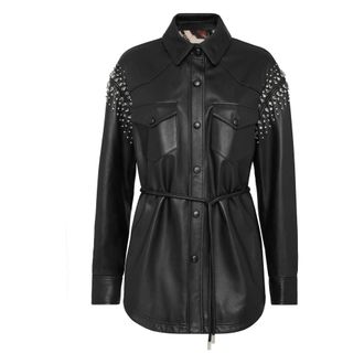 Philipp Plein Femme, Blouses et Chemises, Noir, Taille: 36 FR Robe Chemise en Cuir avec Cristaux