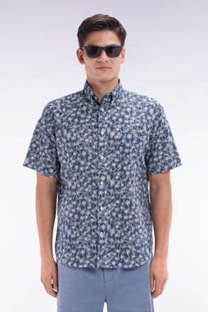 Eden Park Chemise &Agrave; Manches Courtes En Coton Marine &Agrave; Microimprim&eacute; Palmiers Coupe Droite